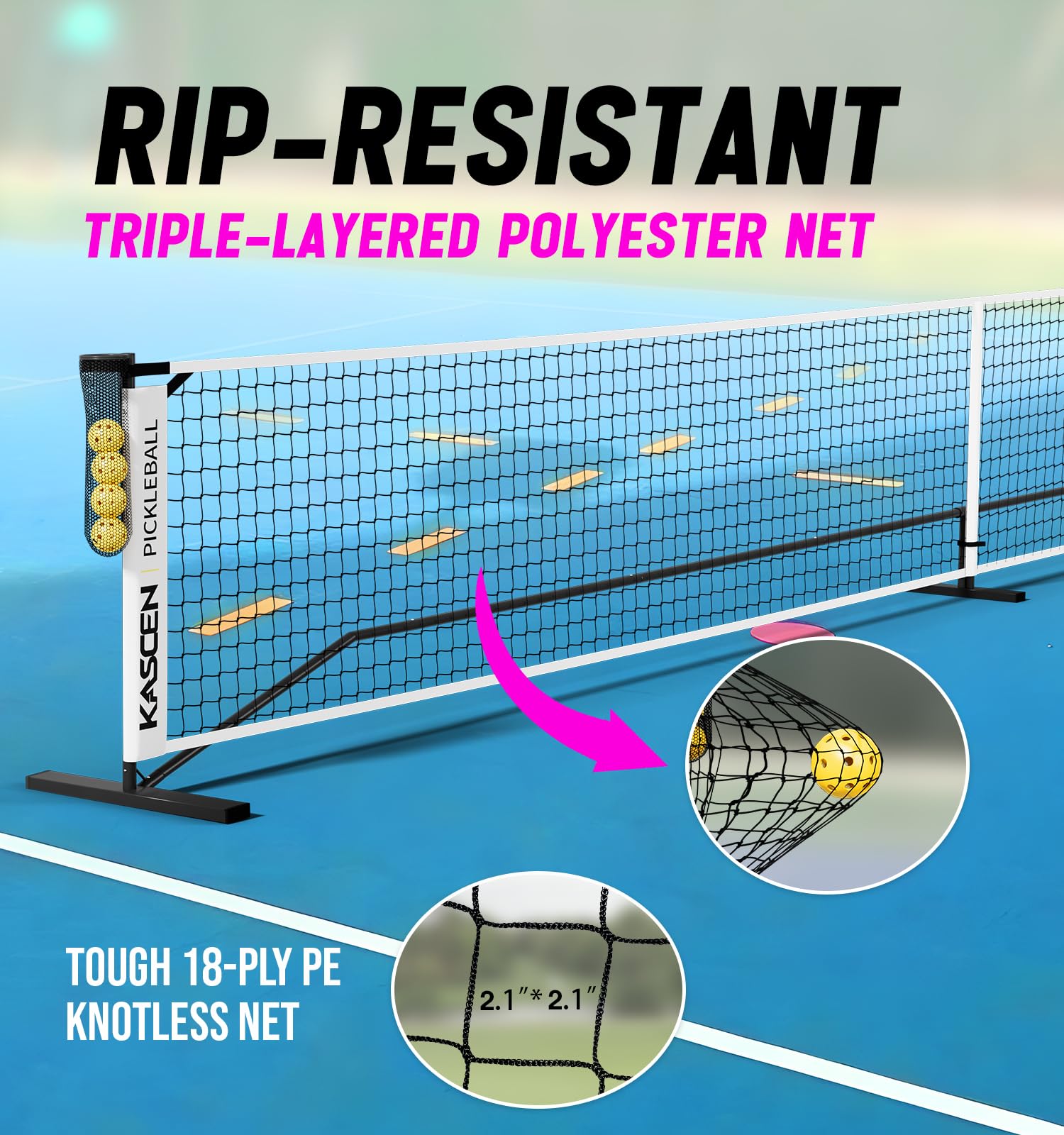 Kascen White Pickleball Net - 22 FT Regulation Size Portable Pickle Ball Net with Ball Holder, 4 Pickleballs & Carry Bag for Outdoor Indoor Driveway Backyard