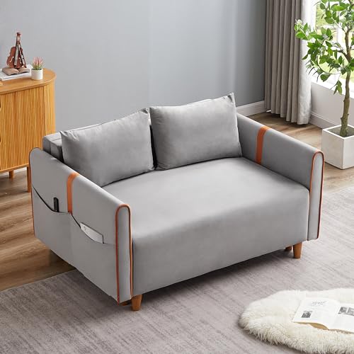 Hombay Velvet Convertible Sleeper Sofa Bed, Pull-Out Folding Couch Loveseat with Storage and Pillows for Living Room Bedroom Office (Gray)
