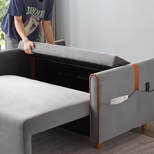 Hombay Velvet Convertible Sleeper Sofa Bed, Pull-Out Folding Couch Loveseat with Storage and Pillows for Living Room Bedroom Office (Gray)