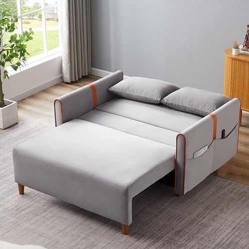 Hombay Velvet Convertible Sleeper Sofa Bed, Pull-Out Folding Couch Loveseat with Storage and Pillows for Living Room Bedroom Office (Gray)