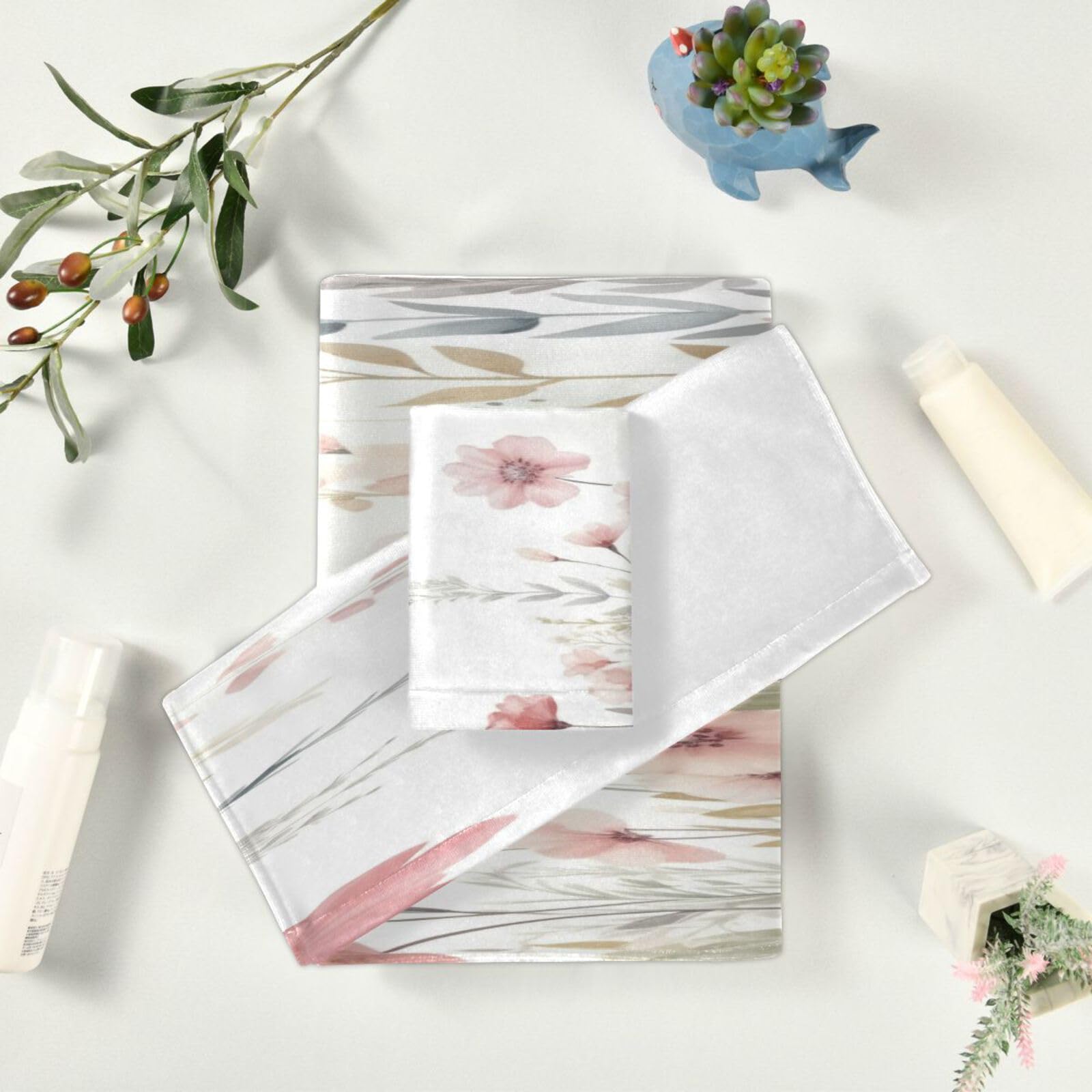 Flradish Pink Flowers Towels 3 Pack Bath Towels for Bathroom Set Soft Cotton Highly Absorbent Lightweight & Quickdry Towel Set 1 Bath Towel,1 Hand Towel,1 Washclothe