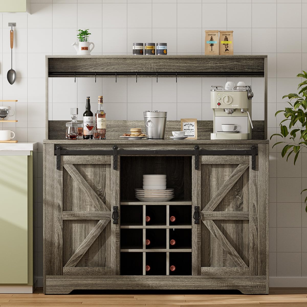 SYESWAY Coffee Bar Cabinet, 47" Farmhouse Sideboard Buffet Cabinet with Sliding Barn Door, Wine Rack & 6 Hooks, Wine Bar Cabinet for Home Dining Living Room, Grey