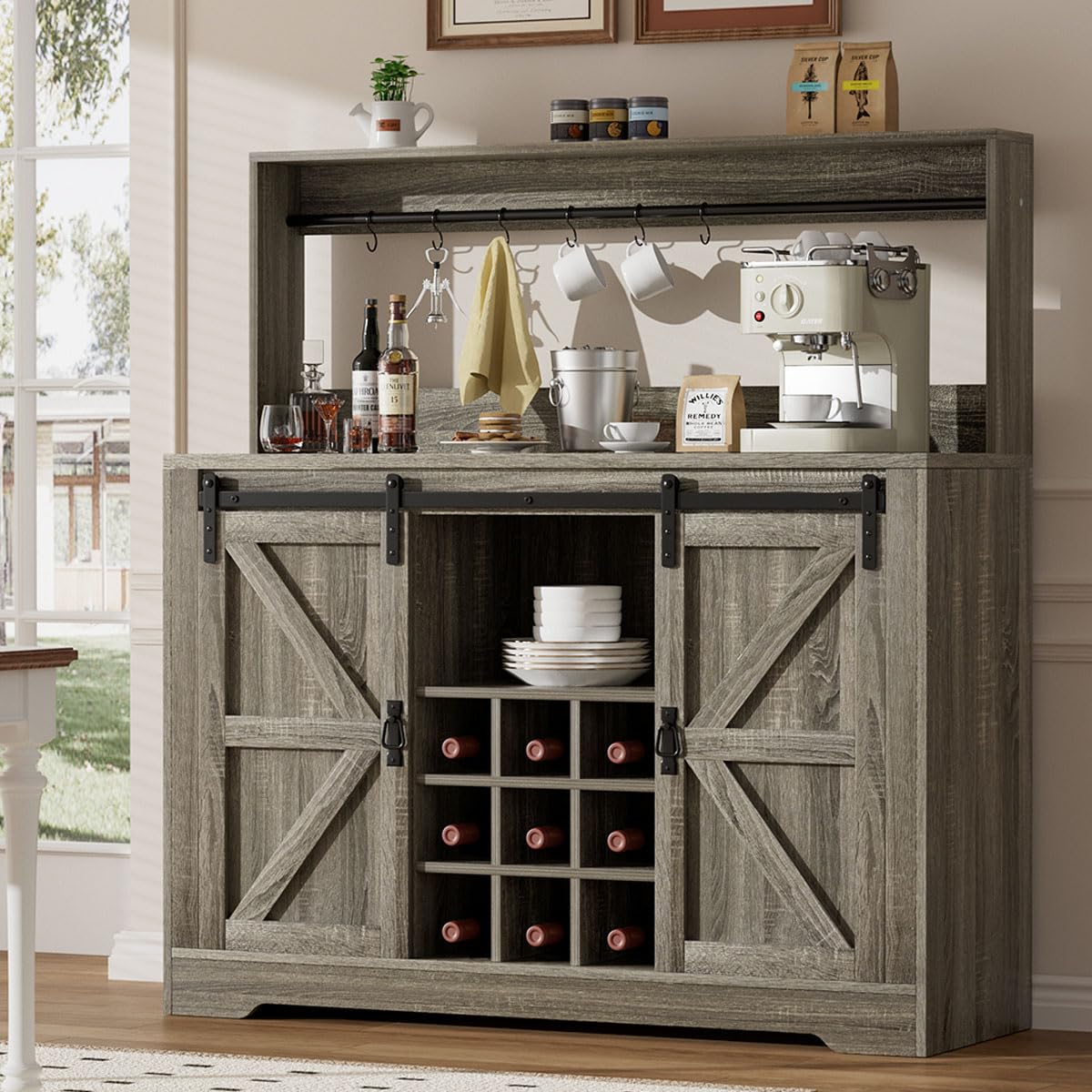 SYESWAY Coffee Bar Cabinet, 47" Farmhouse Sideboard Buffet Cabinet with Sliding Barn Door, Wine Rack & 6 Hooks, Wine Bar Cabinet for Home Dining Living Room, Grey