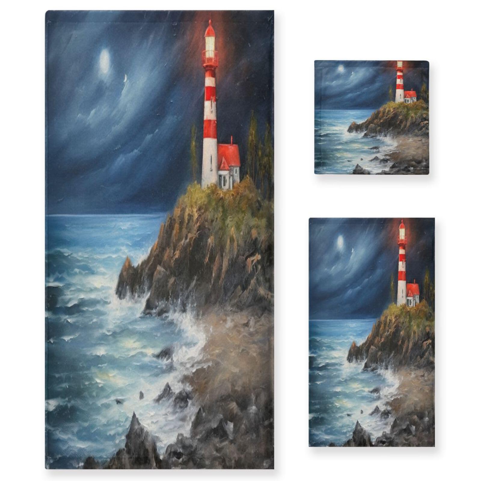 Flradish Lighthouse Towels 3 Pack Bath Towels for Bathroom Set Soft Cotton Highly Absorbent Lightweight & Quickdry Towel Set 1 Bath Towel,1 Hand Towel,1 Washclothe