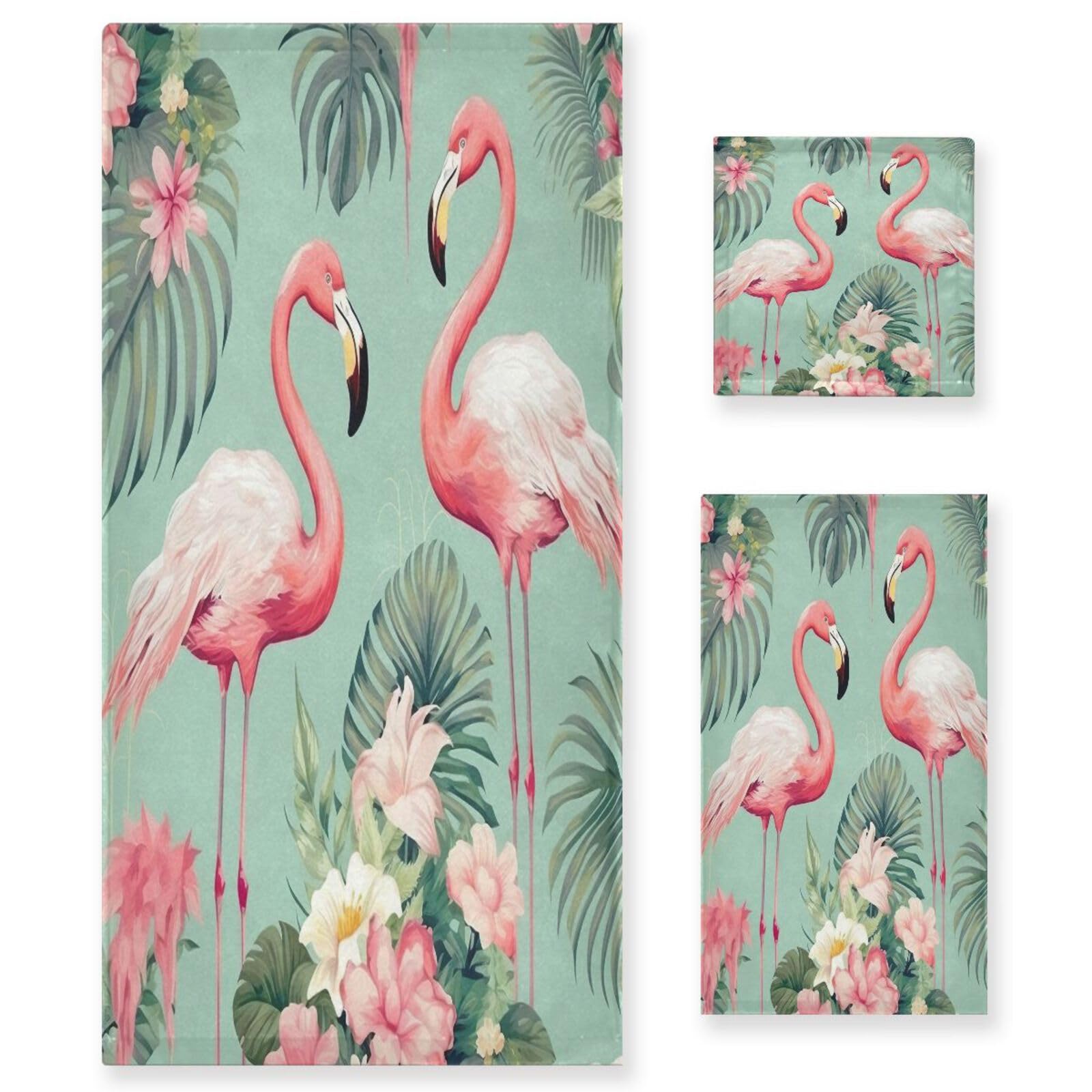 Flradish Flamingos Palm Flowers Towels 3 Pack Bath Towels for Bathroom Set Soft Cotton Highly Absorbent Lightweight & Quickdry Towel Set 1 Bath Towel,1 Hand Towel,1 Washclothe
