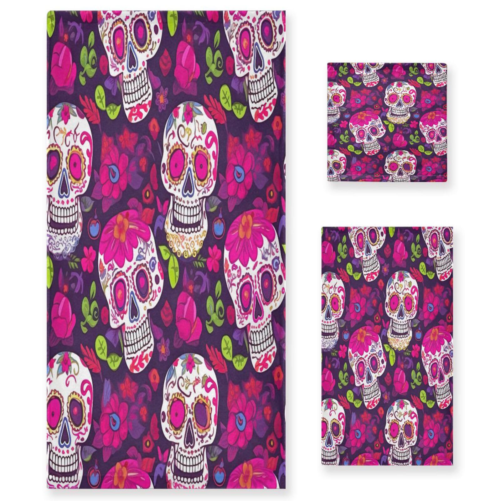 Flradish Halloween Skull Towels 3 Pack Bath Towels for Bathroom Set Soft Cotton Highly Absorbent Lightweight & Quickdry Towel Set 1 Bath Towel,1 Hand Towel,1 Washclothe