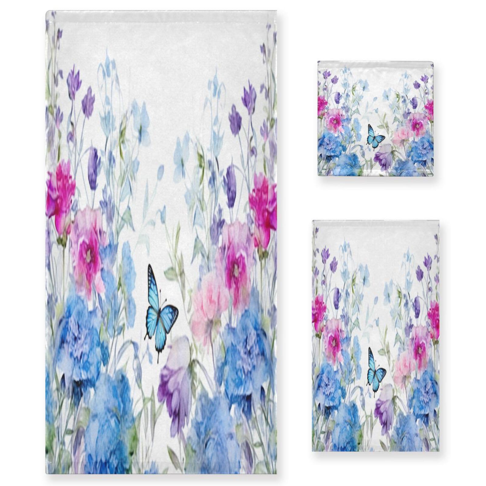 Flradish Watercolor Flowers Butterflies Towels 3 Pack Bath Towels for Bathroom Set Soft Cotton Highly Absorbent Lightweight & Quickdry Towel Set 1 Bath Towel,1 Hand Towel,1 Washclothe