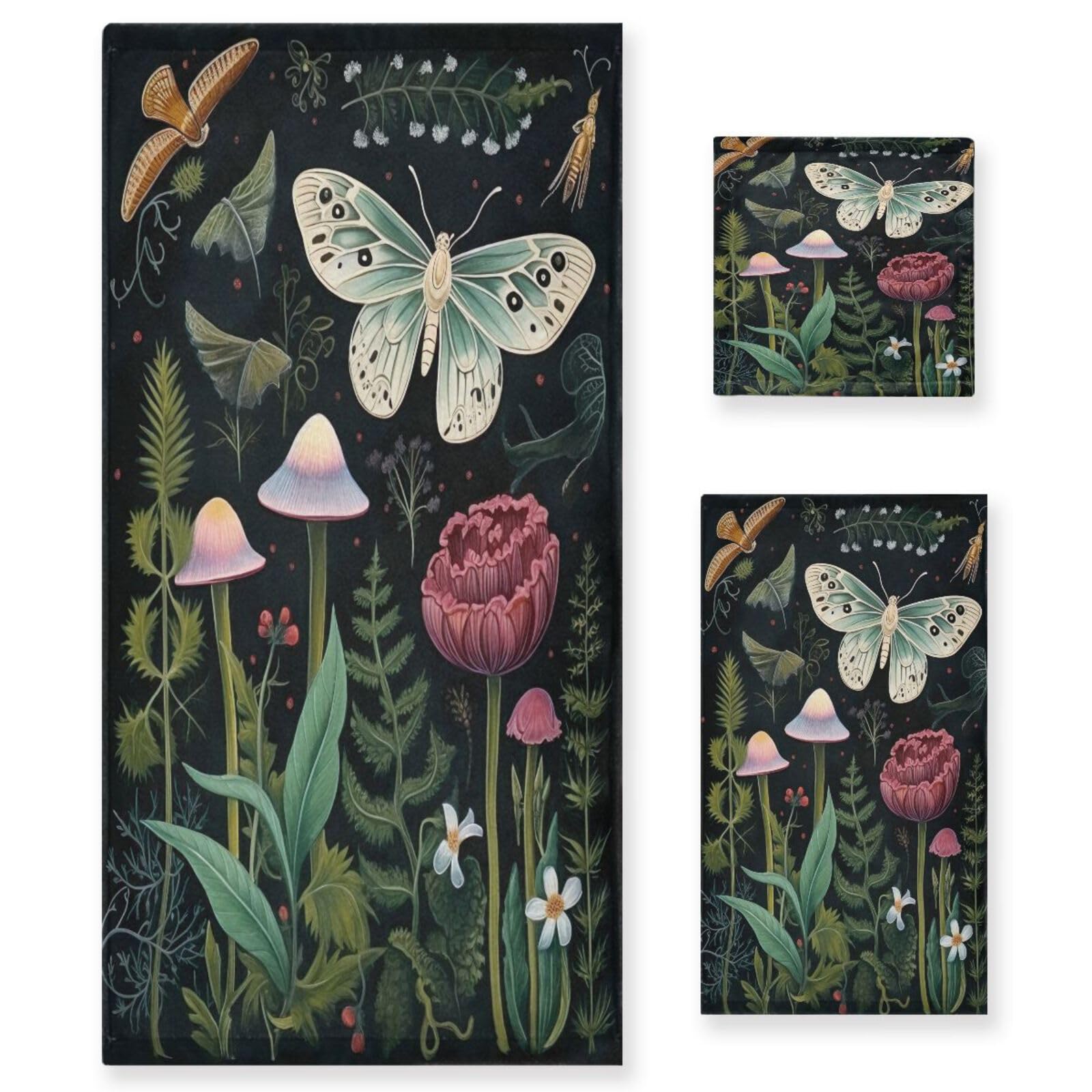 Flradish Forest Mushrooms Towels 3 Pack Bath Towels for Bathroom Set Soft Cotton Highly Absorbent Lightweight & Quickdry Towel Set 1 Bath Towel,1 Hand Towel,1 Washclothe