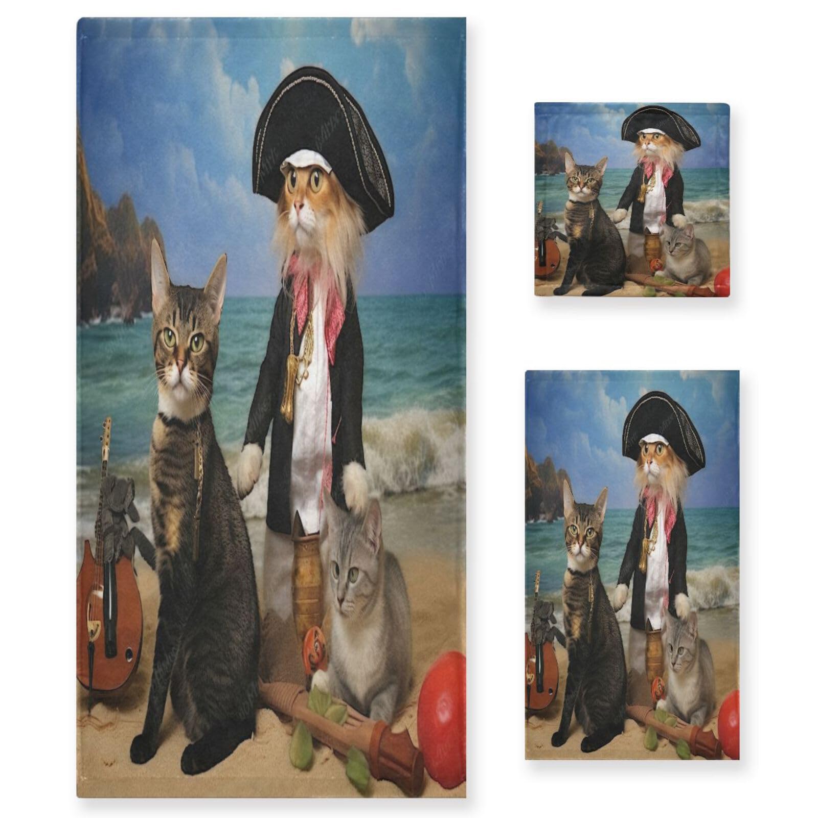 Flradish Pirate Captain Cat Towels 3 Pack Bath Towels for Bathroom Set Soft Cotton Highly Absorbent Lightweight & Quickdry Towel Set 1 Bath Towel,1 Hand Towel,1 Washclothe