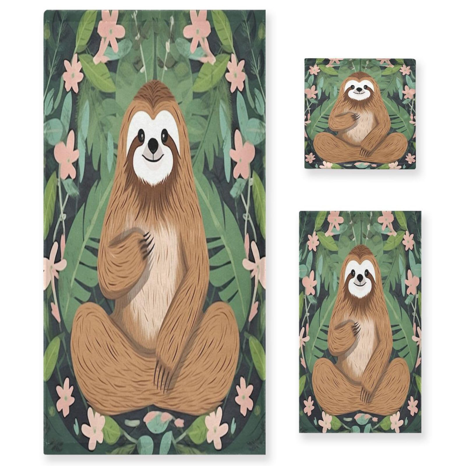 Flradish Sloth Yoga Towels 3 Pack Bath Towels for Bathroom Set Soft Cotton Highly Absorbent Lightweight & Quickdry Towel Set 1 Bath Towel,1 Hand Towel,1 Washclothe