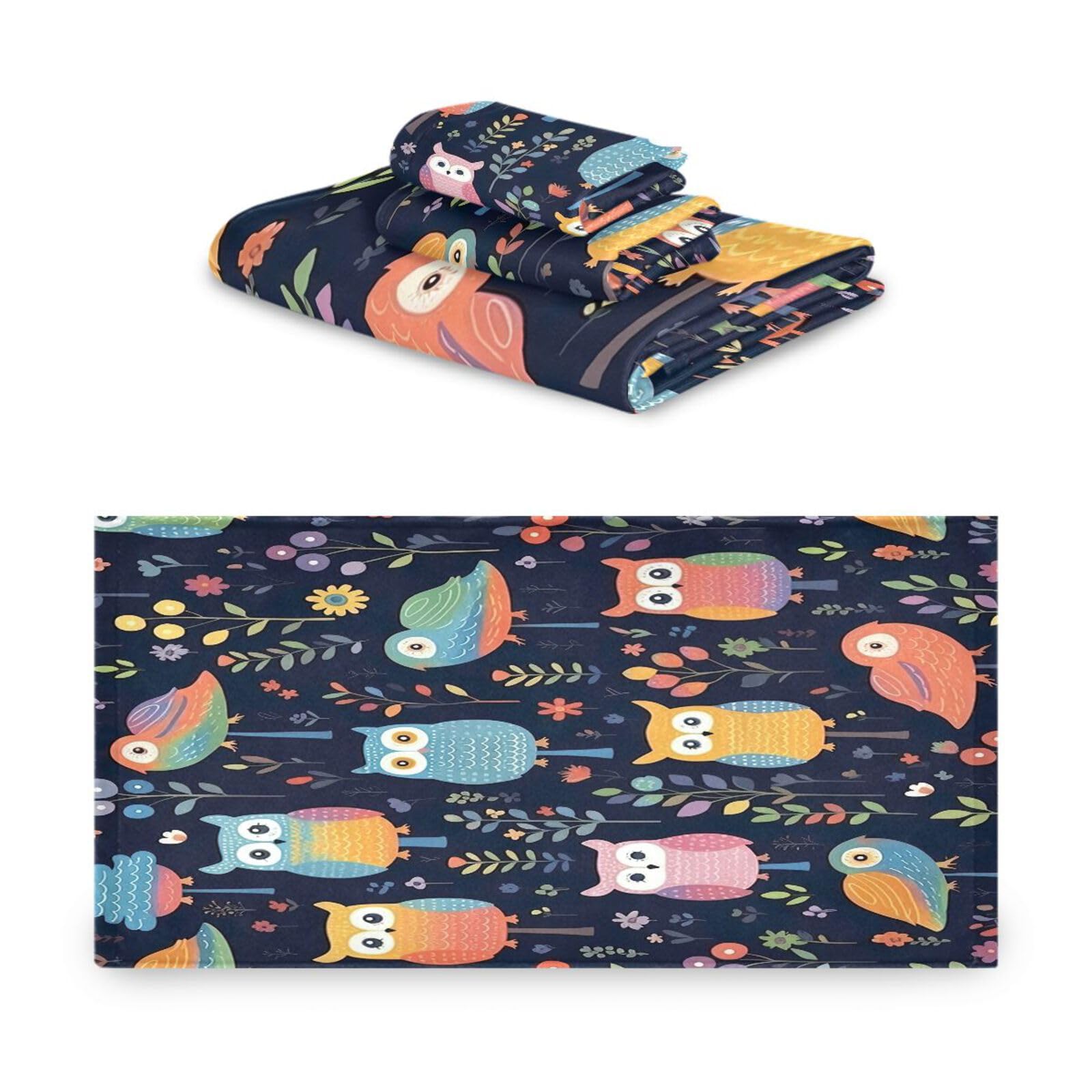 Flradish Cute Owls Towels 3 Pack Bath Towels for Bathroom Set Soft Cotton Highly Absorbent Lightweight & Quickdry Towel Set 1 Bath Towel,1 Hand Towel,1 Washclothe