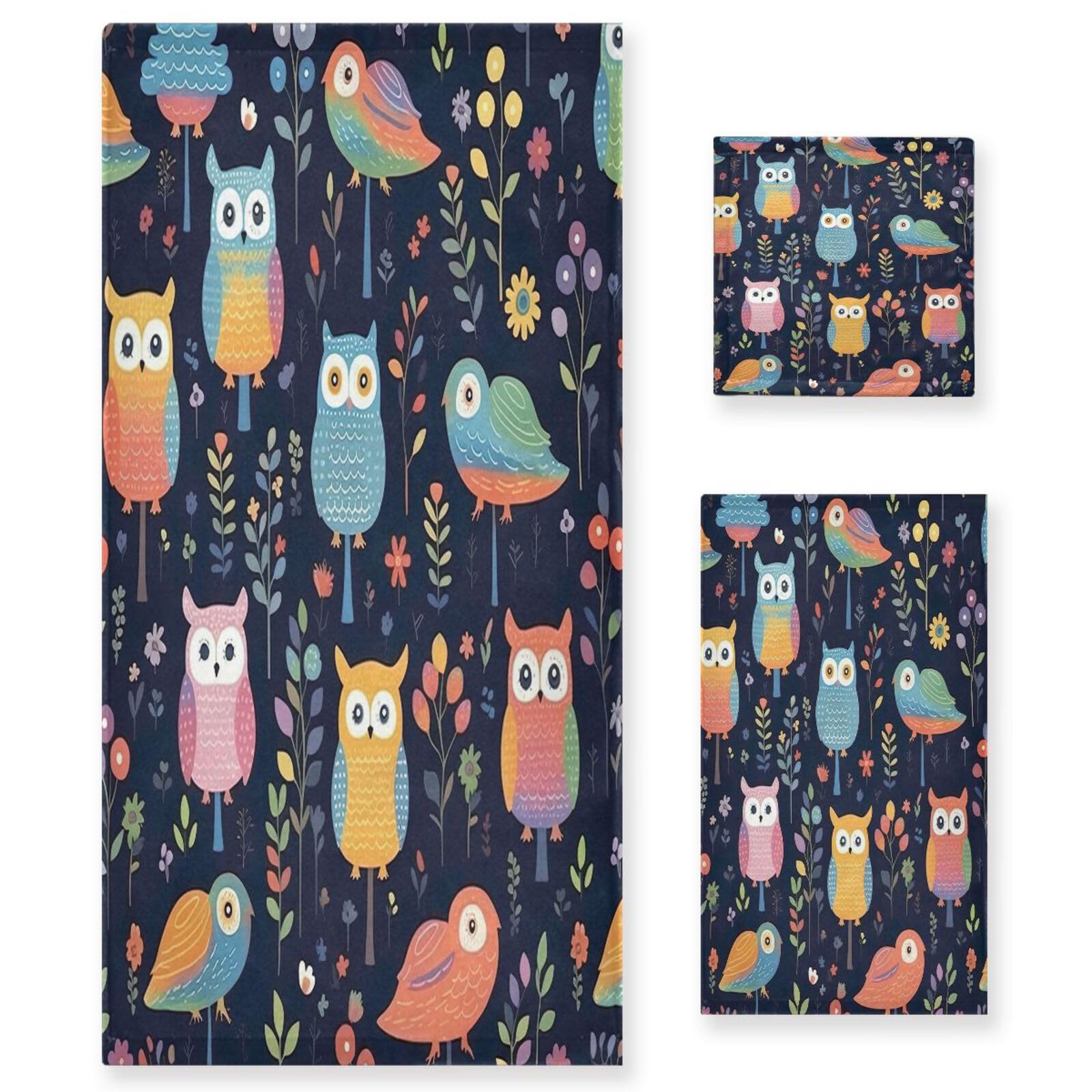 Flradish Cute Owls Towels 3 Pack Bath Towels for Bathroom Set Soft Cotton Highly Absorbent Lightweight & Quickdry Towel Set 1 Bath Towel,1 Hand Towel,1 Washclothe