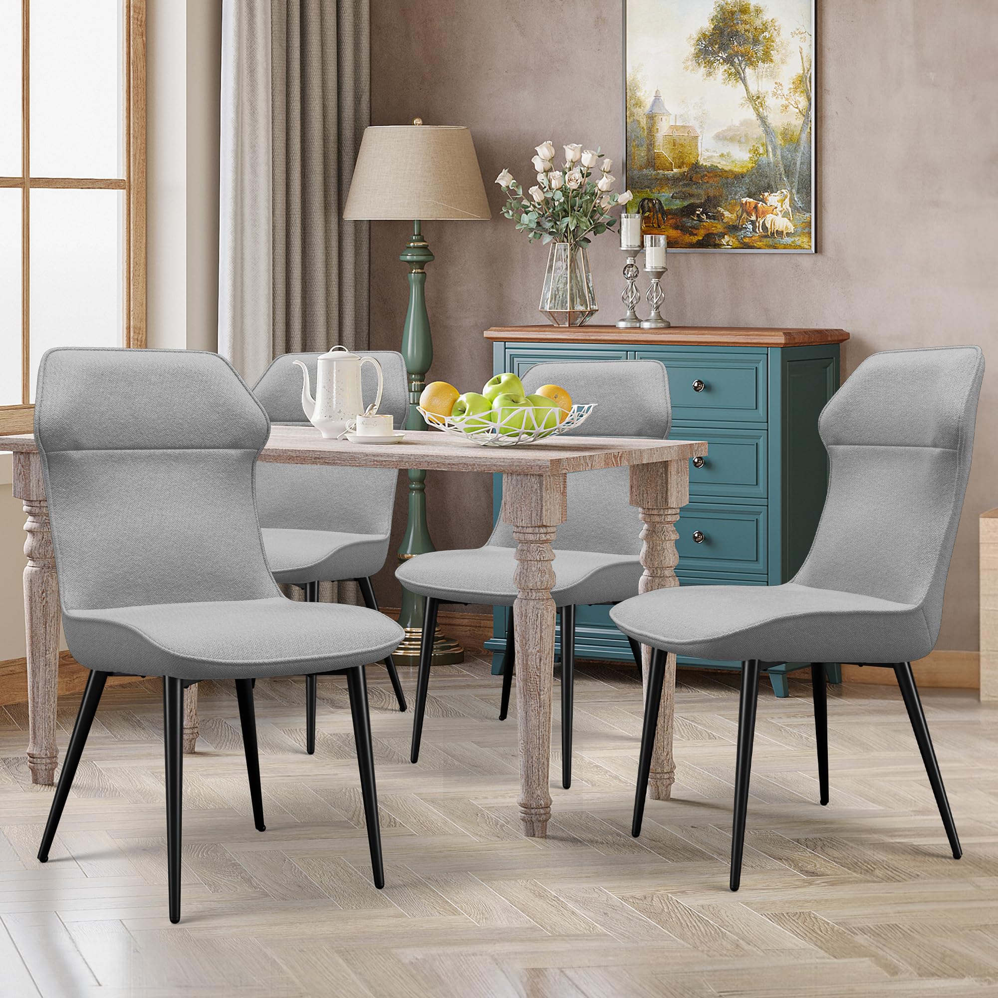 Dining Chairs Set of 4,Modern Upholstered Parsons Fabric Dining Chair,Adjustable Sturdy Metal Legs and High Back Kitchen Dining Room Chairs,Gray