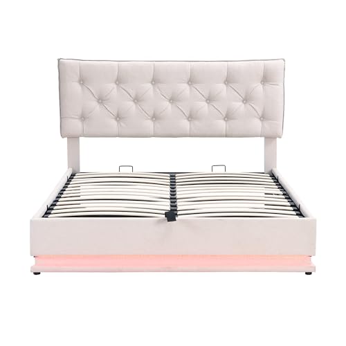 Prohon Queen Size Platform Bed with Hydraulic Storage System and Sensor LED Light, Modern Upholstered Bed Frame w/Button-Tufted Design Headboard, No Box Spring Needed, Wooden Slats Support, Beige
