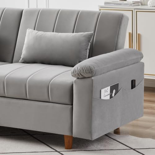 akucvor 69" Sleeper Sofa, Convertible Futon Loveseats Sofa, Sleeper Velvet Sofa Couch Bed with Storage for Living Room Bedroom, Pokcets, Gray