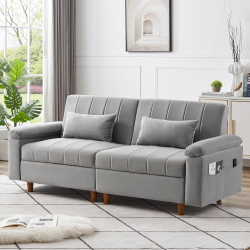 akucvor 69" Sleeper Sofa, Convertible Futon Loveseats Sofa, Sleeper Velvet Sofa Couch Bed with Storage for Living Room Bedroom, Pokcets, Gray
