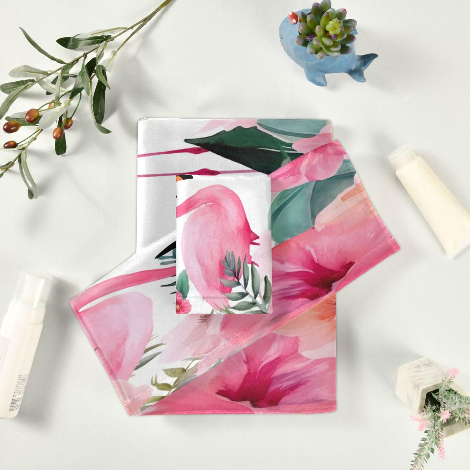 Flradish Flamingos Palm Flower Towels 3 Pack Bath Towels for Bathroom Set Soft Cotton Highly Absorbent Lightweight & Quickdry Towel Set 1 Bath Towel,1 Hand Towel,1 Washclothe