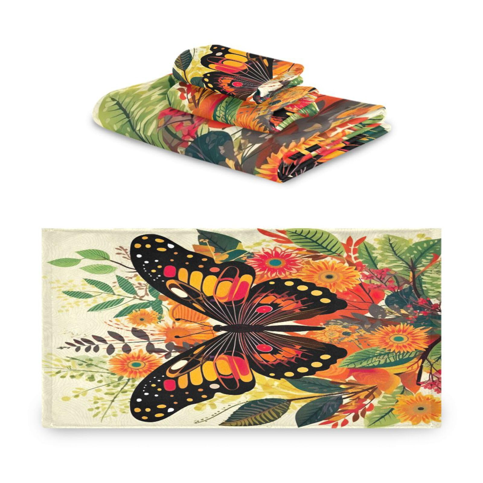 Flradish Flowers Butterflies Towels 3 Pack Bath Towels for Bathroom Set Soft Cotton Highly Absorbent Lightweight & Quickdry Towel Set 1 Bath Towel,1 Hand Towel,1 Washclothe