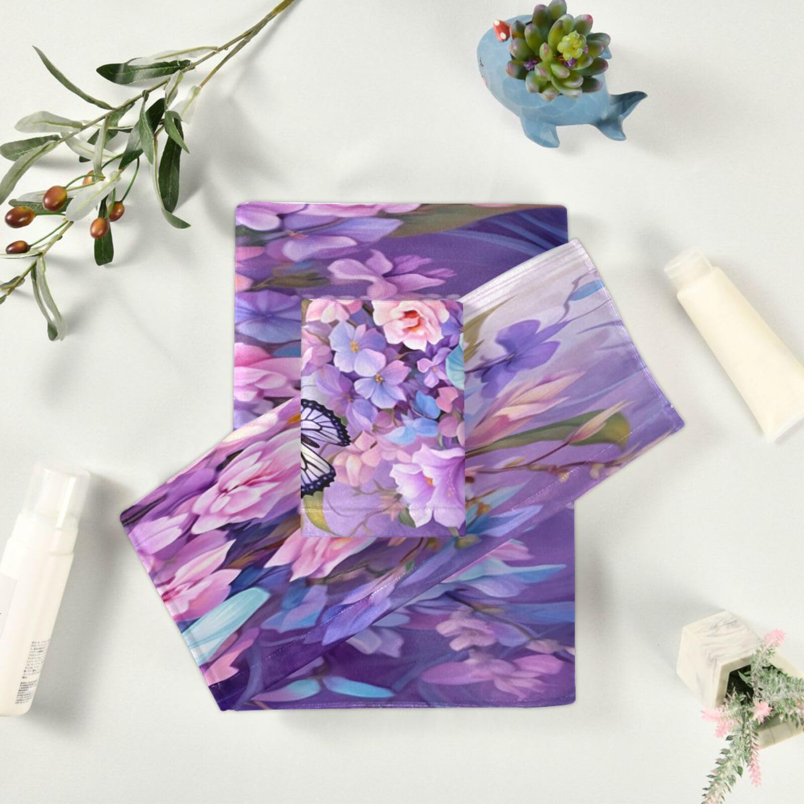 Flradish Flowers Butterflies Towels 3 Pack Bath Towels for Bathroom Set Soft Cotton Highly Absorbent Lightweight & Quickdry Towel Set 1 Bath Towel,1 Hand Towel,1 Washclothe