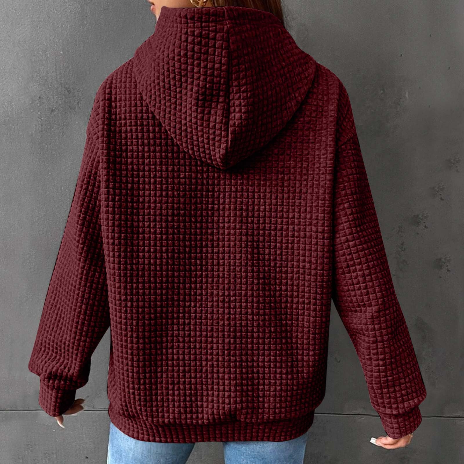 Womens Waffle Knit Hoodies Casual Long Sleeve Cute Football Print Sweatshirts Drawstring Trendy Pullover Tops 2023 oversized sweatshirts for women fall Wine M