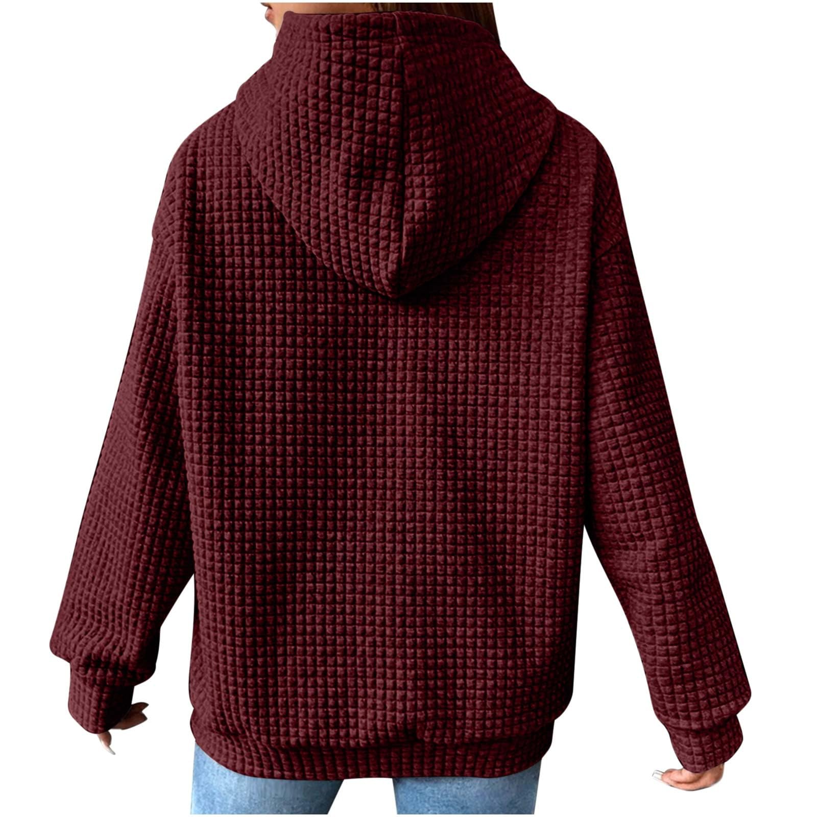Womens Waffle Knit Hoodies Casual Long Sleeve Cute Football Print Sweatshirts Drawstring Trendy Pullover Tops 2023 oversized sweatshirts for women fall Wine M