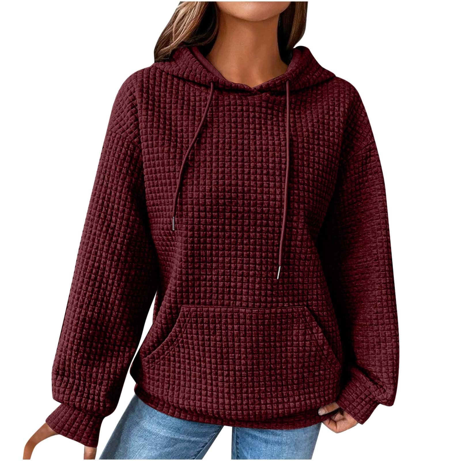 Womens Waffle Knit Hoodies Casual Long Sleeve Cute Football Print Sweatshirts Drawstring Trendy Pullover Tops 2023 oversized sweatshirts for women fall Wine M