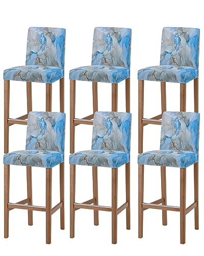 Bar Stool Covers Set of 6 Stretch Chair Covers Washable Removable Chair Slipcover Reusable Armless Dining Room Chair Covers for Kitchen Short Back Chair,Watercolor Marble Gold Edge Texture Blue Gray