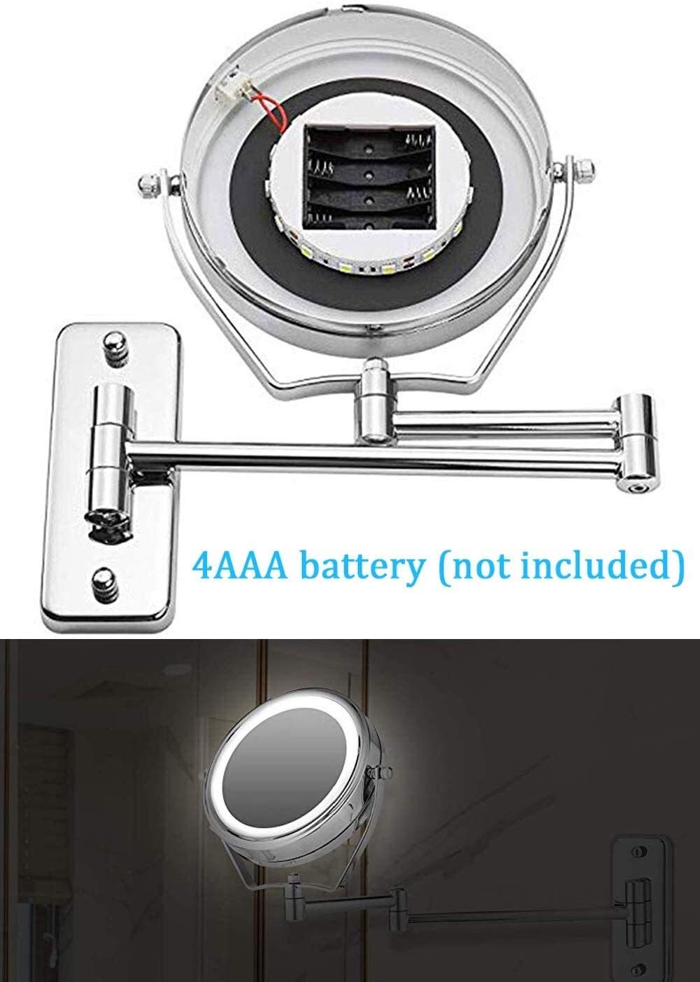 7X Magnifying Lighted Makeup Mirror Wall Mounted Swivel Mirror 6-inch Extending Folding Double Side Cosmetic Bathroom Shaving Mirror Matte Round Chrome Finished Powered by Batteries Vanity Mirror