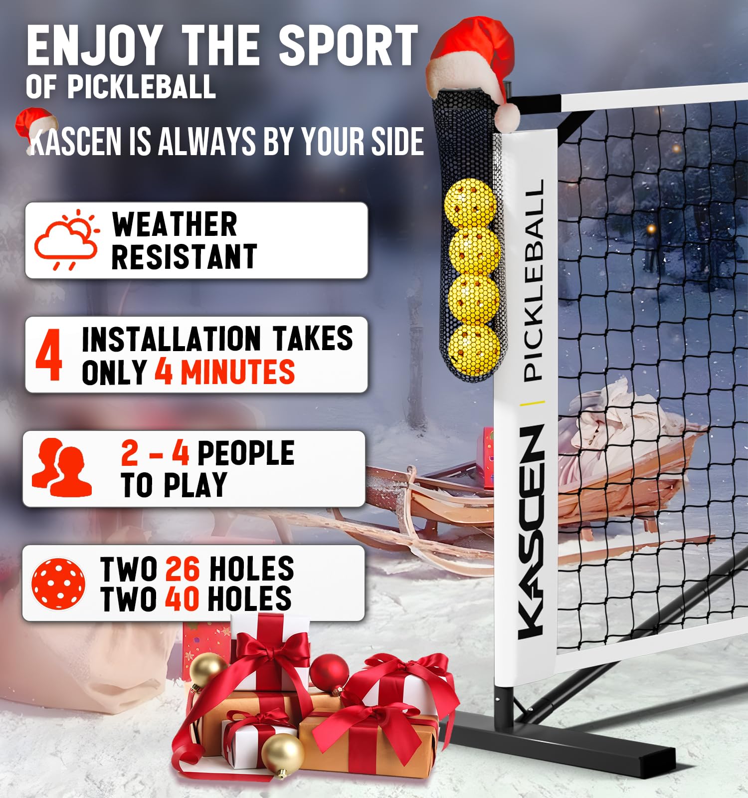 Kascen Pickleball Net - 22 FT Regulation Size Portable Pickleball Net System, Pickle Ball Net with Exclusive Ball Holder, 4 Pickleballs & Carry Bag, Pickle Ball Net for Outdoor Indoor Driveway