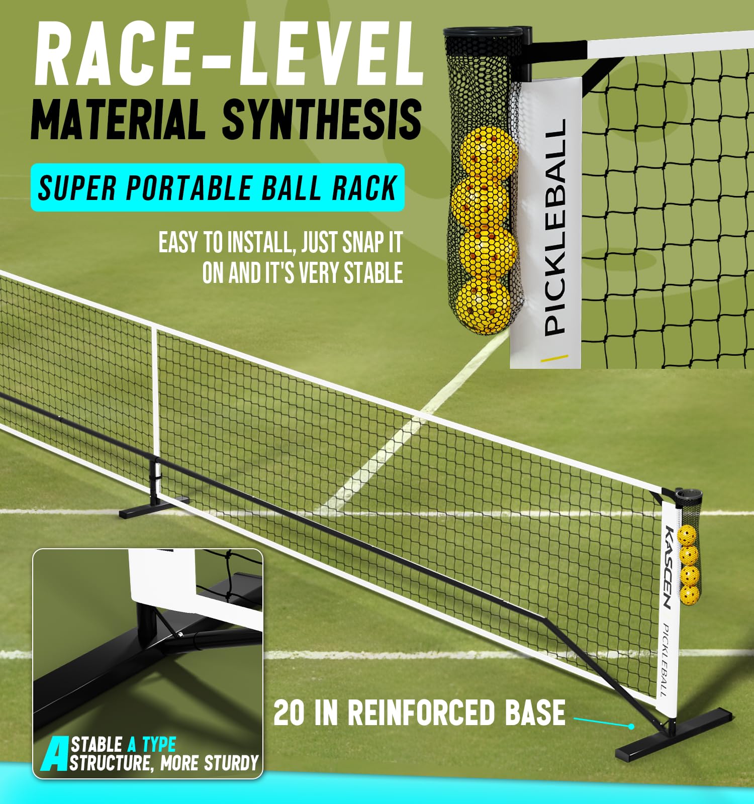 Kascen Pickleball Net - 22 FT Regulation Size Portable Pickleball Net System, Pickle Ball Net with Exclusive Ball Holder, 4 Pickleballs & Carry Bag, Pickle Ball Net for Outdoor Indoor Driveway