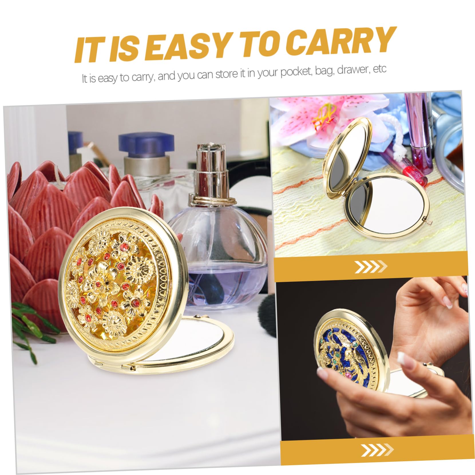 KOHARA 2pcs Hollow Makeup Mirror Wallet for Women Round Vanity Mirror Wallets for Woman Womens Purse Foldable Compact Mirror Mini Compact Mirror Small Makeup Mirror Cosmetic Mirror (Golden 7x7x18cm)