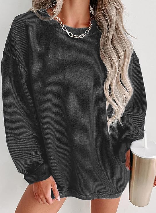 Womens Crewneck Sweatshirt Casual Oversized Corduroy Corded Sweatshirt Winter Long Sleeve Comfy Pullover Top(DGR,M)