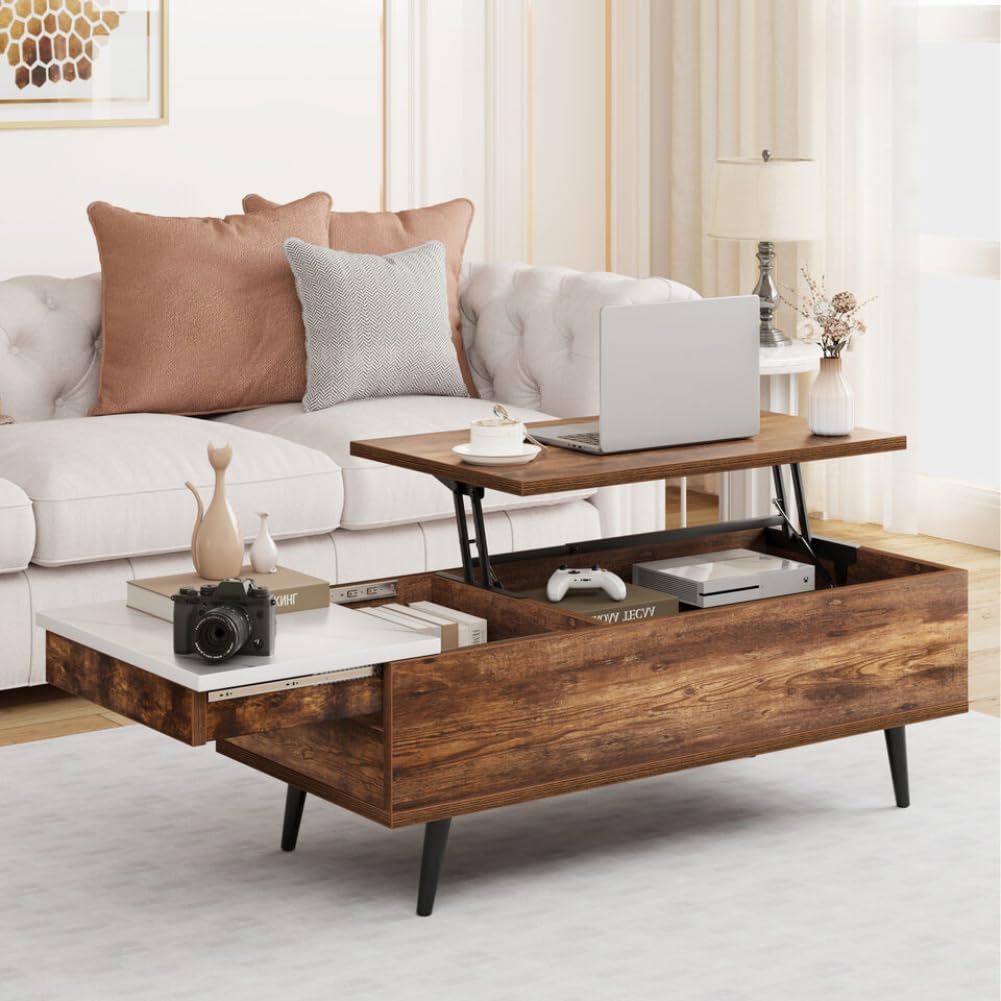 Rustic Oak Lift Top Coffee Table with Hidden Compartment - Mid-Century Modern Design, Adjustable Height Table