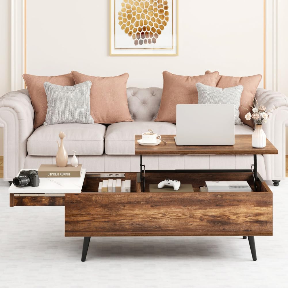 Rustic Oak Lift Top Coffee Table with Hidden Compartment - Mid-Century Modern Design, Adjustable Height Table