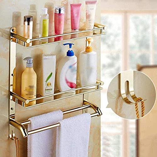SilteD Gold-Plated 2-Layer Towel Rack with Double Rods Hooks, 600 * 120 * 560 Mm Bathroom Storage Rack Towel Rail,Families Schools Hotels