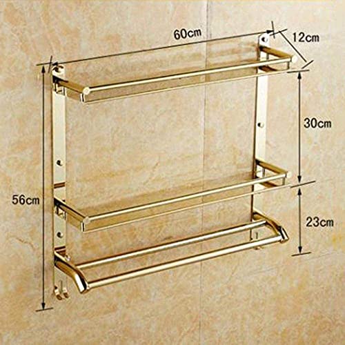 SilteD Gold-Plated 2-Layer Towel Rack with Double Rods Hooks, 600 * 120 * 560 Mm Bathroom Storage Rack Towel Rail,Families Schools Hotels