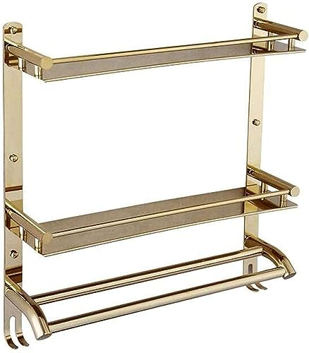 SilteD Gold-Plated 2-Layer Towel Rack with Double Rods Hooks, 600 * 120 * 560 Mm Bathroom Storage Rack Towel Rail,Families Schools Hotels