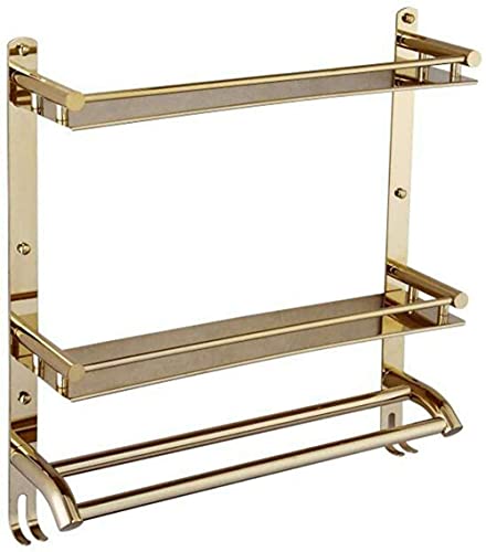 SilteD Gold-Plated 2-Layer Towel Rack with Double Rods Hooks, 600 * 120 * 560 Mm Bathroom Storage Rack Towel Rail,Families Schools Hotels