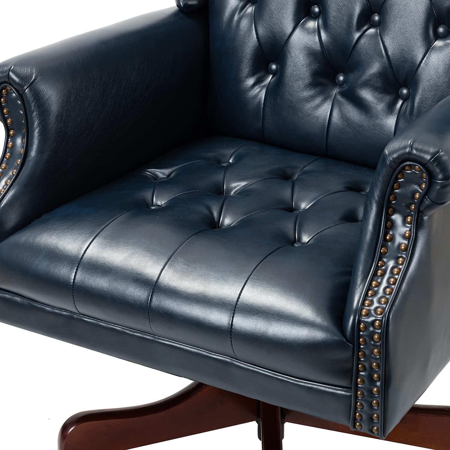 HULALA HOME Managerial Executive Swivel Office Chair with Height-Adjustable, Tufted Back & Nailhead Trim, High-Back Desk Chair for Home & Office, Faux Leather (Blue)