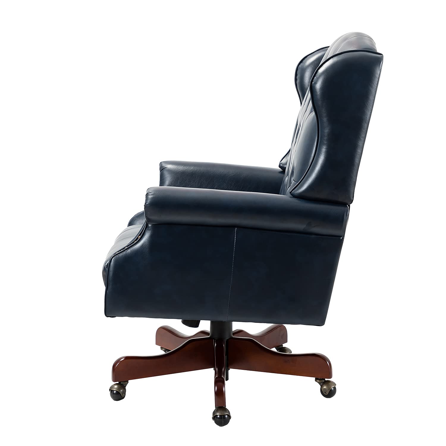 HULALA HOME Managerial Executive Swivel Office Chair with Height-Adjustable, Tufted Back & Nailhead Trim, High-Back Desk Chair for Home & Office, Faux Leather (Blue)