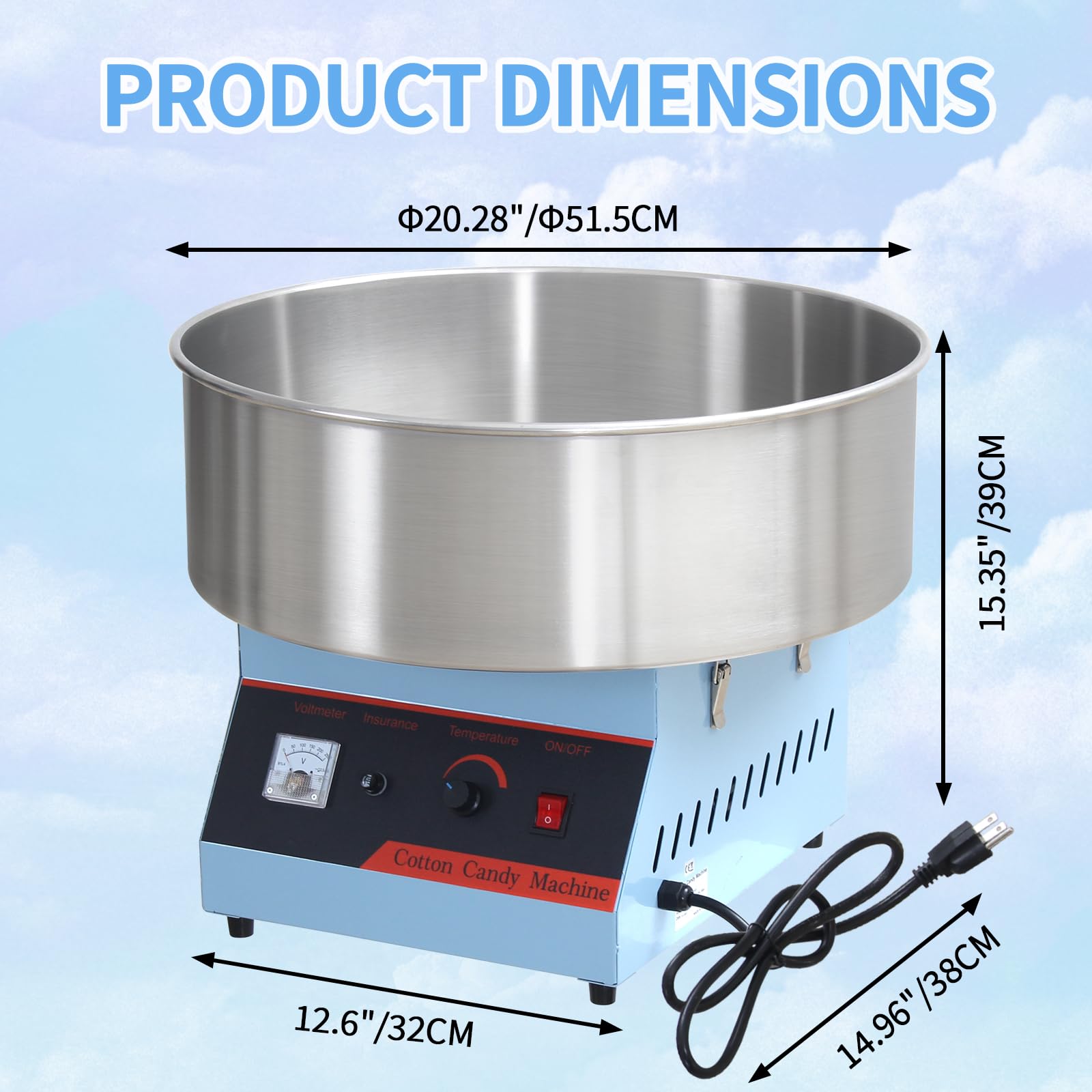 KODOM Commercial Cotton Candy Machine, 1050W Electric Floss Maker with Stainless Steel Bowl, Sugar Scoop for Family and Various Party Blue