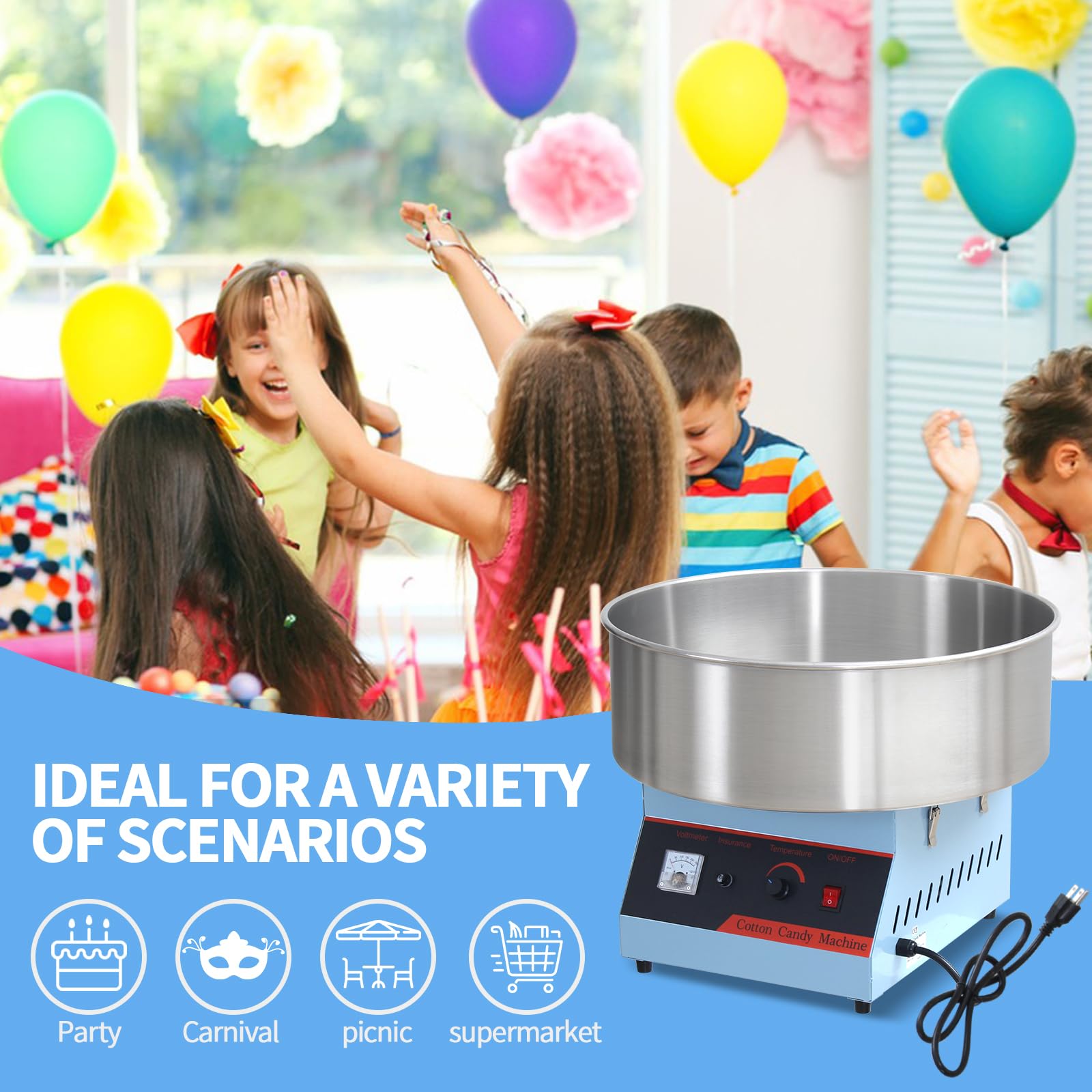 KODOM Commercial Cotton Candy Machine, 1050W Electric Floss Maker with Stainless Steel Bowl, Sugar Scoop for Family and Various Party Blue