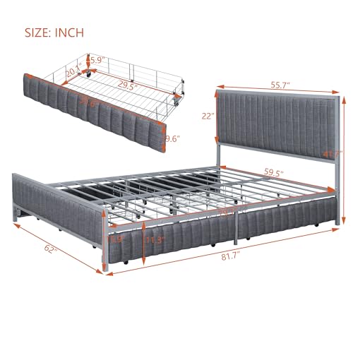 WADRI Modern Queen Size Metal Frame Upholstered Bed with 4 Drawers, Linen Fabric Platform Bed with Upholstered Headboard, Storage Platform Bed for Kids Teens Bedroom (Gray + Linen-N32)