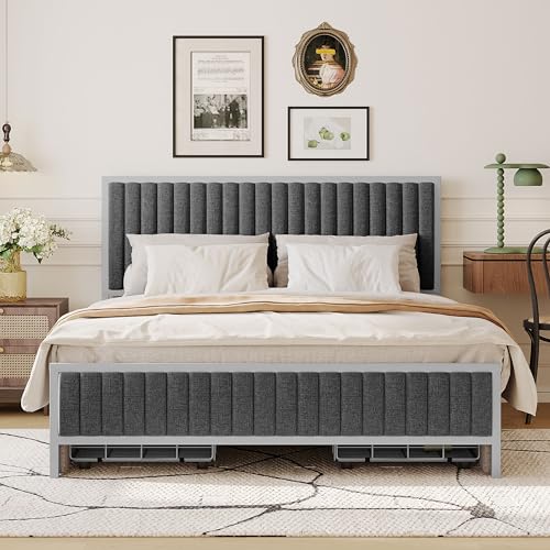 WADRI Modern Queen Size Metal Frame Upholstered Bed with 4 Drawers, Linen Fabric Platform Bed with Upholstered Headboard, Storage Platform Bed for Kids Teens Bedroom (Gray + Linen-N32)