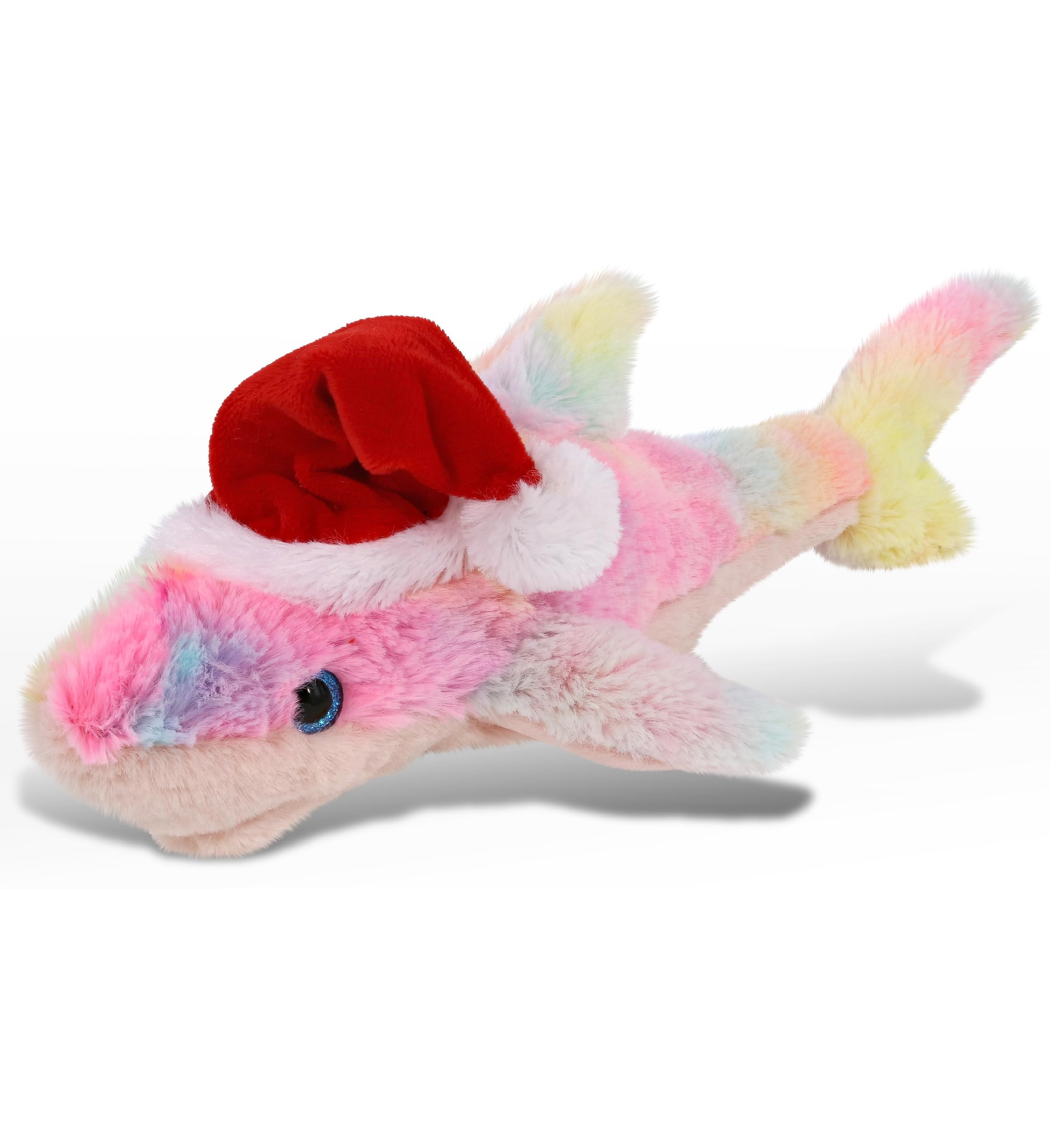DolliBu Santa Rainbow Shark Stuffed Animal Plush Toy - Super Soft Wild Animal Dress Up with Red Santa Claus Hat, Cute Wildlife Gift, Perfect Holiday with Name Personalization - 14 Inch