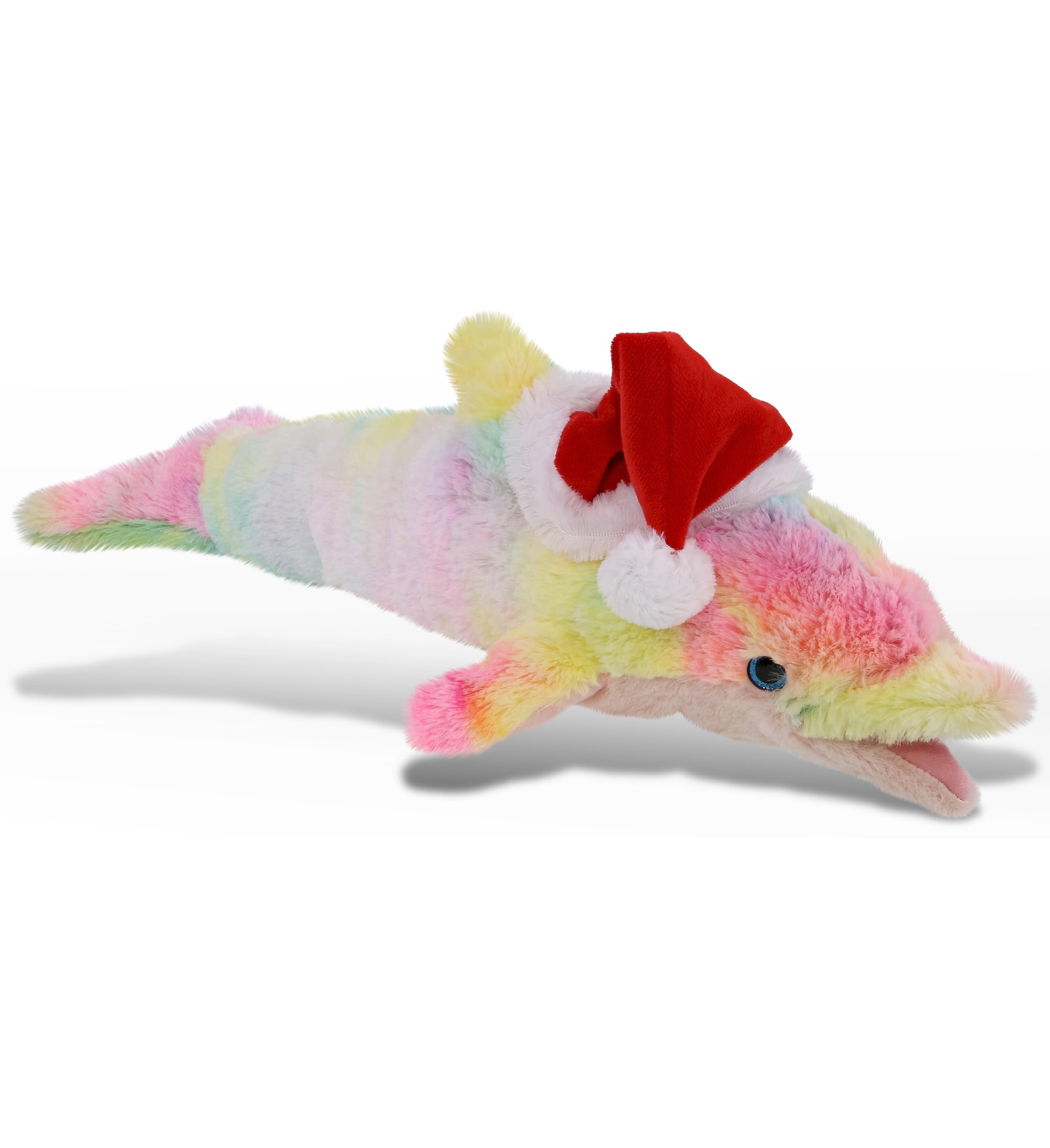 DolliBu Santa Large Rainbow Dolphin Stuffed Animal Plush Toy - Wild Animal Dress Up with Red Santa Claus Hat, Cute Wildlife Gift, Perfect Holiday with Name Personalization - 18 Inches