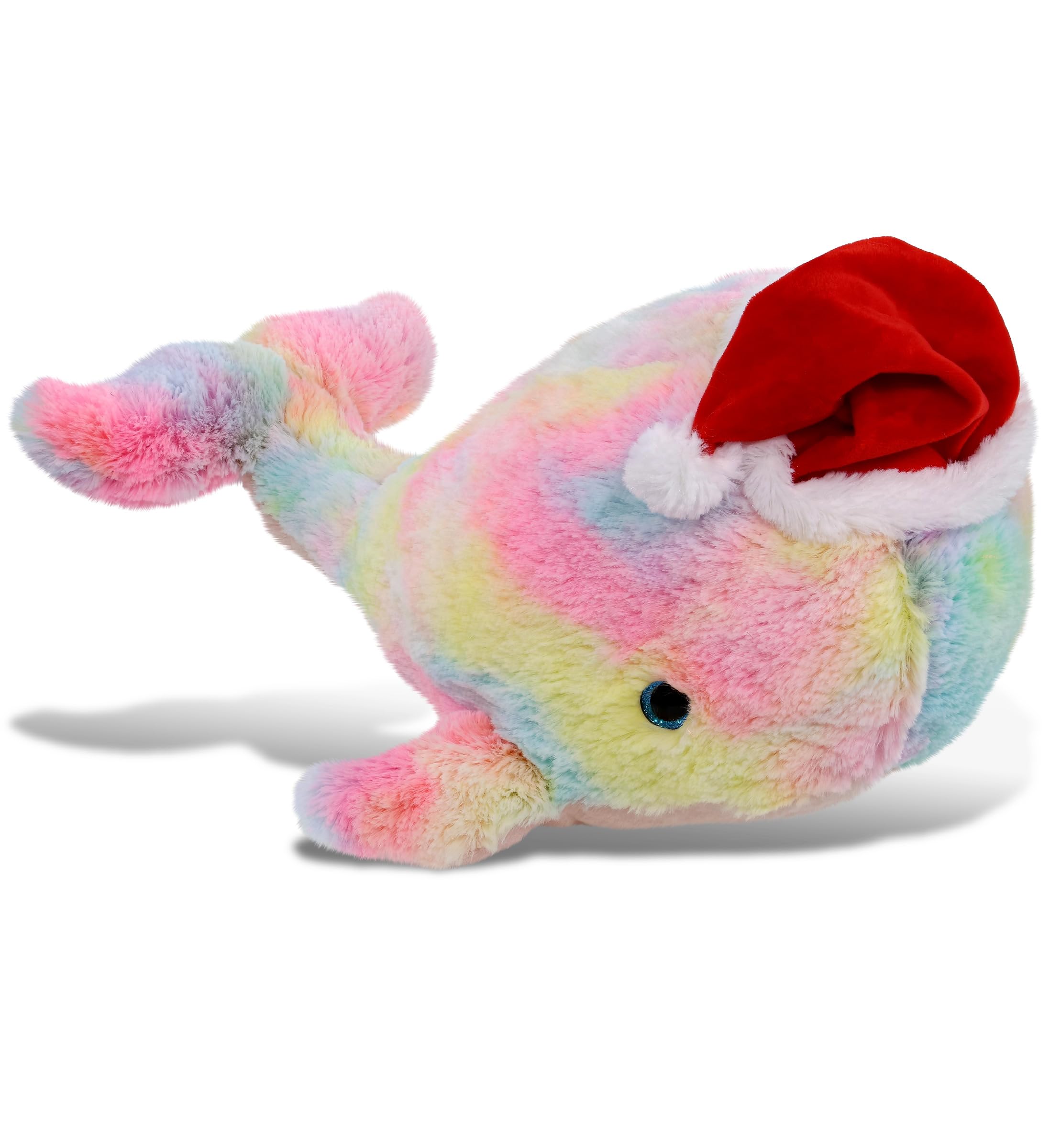 DolliBu Santa Extra Large Rainbow Whale Stuffed Animal Plush Toy - Wild Animal Dress Up with Red Santa Claus Hat, Wildlife Gift, Perfect Holiday with Name Personalization - 15 Inches