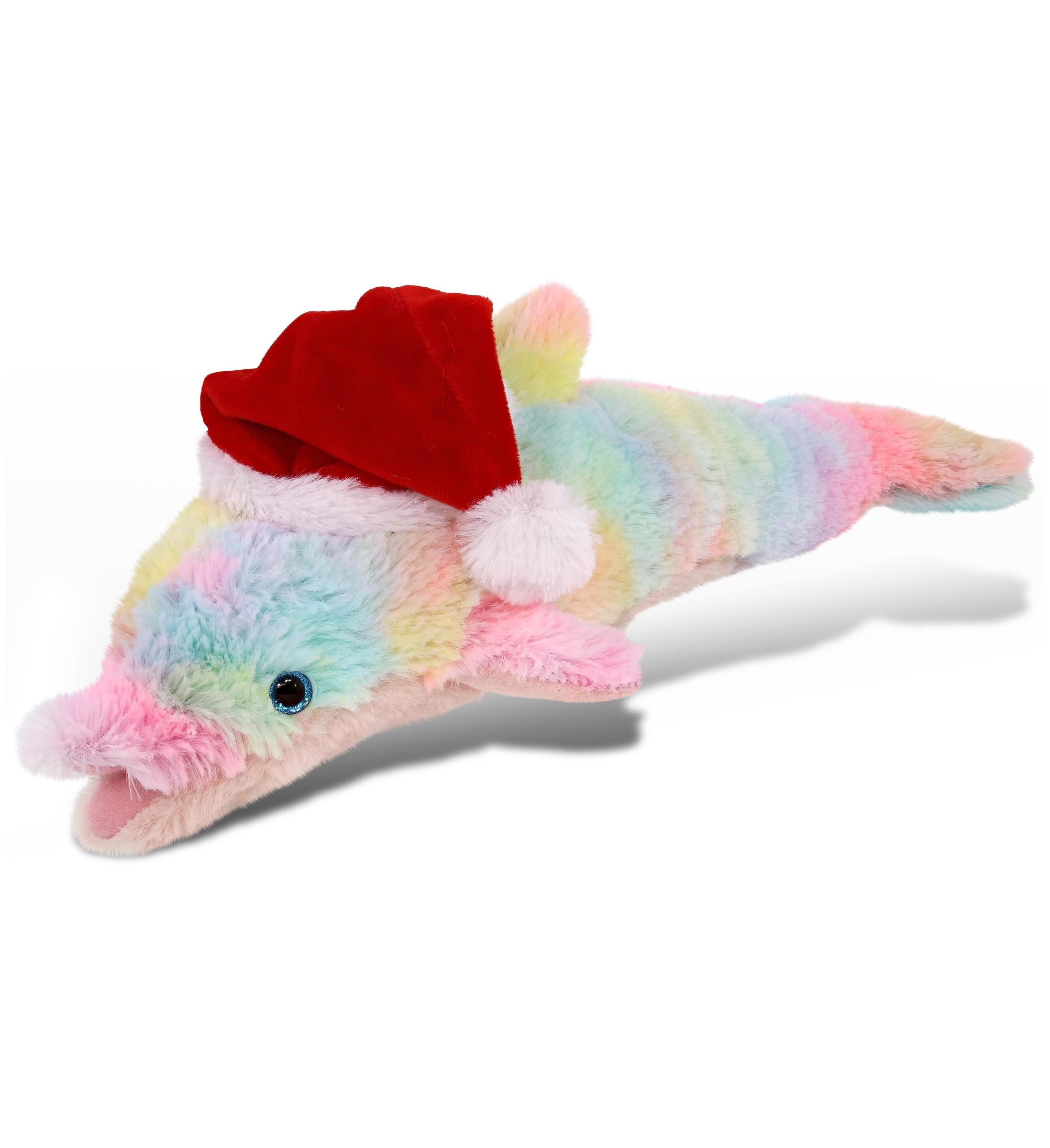 DolliBu Santa Rainbow Dolphin Stuffed Animal Plush Toy - Super Soft Wild Animal Dress Up with Red Santa Claus Hat, Wildlife Gift, Perfect Holiday with Name Personalization - 14 Inches