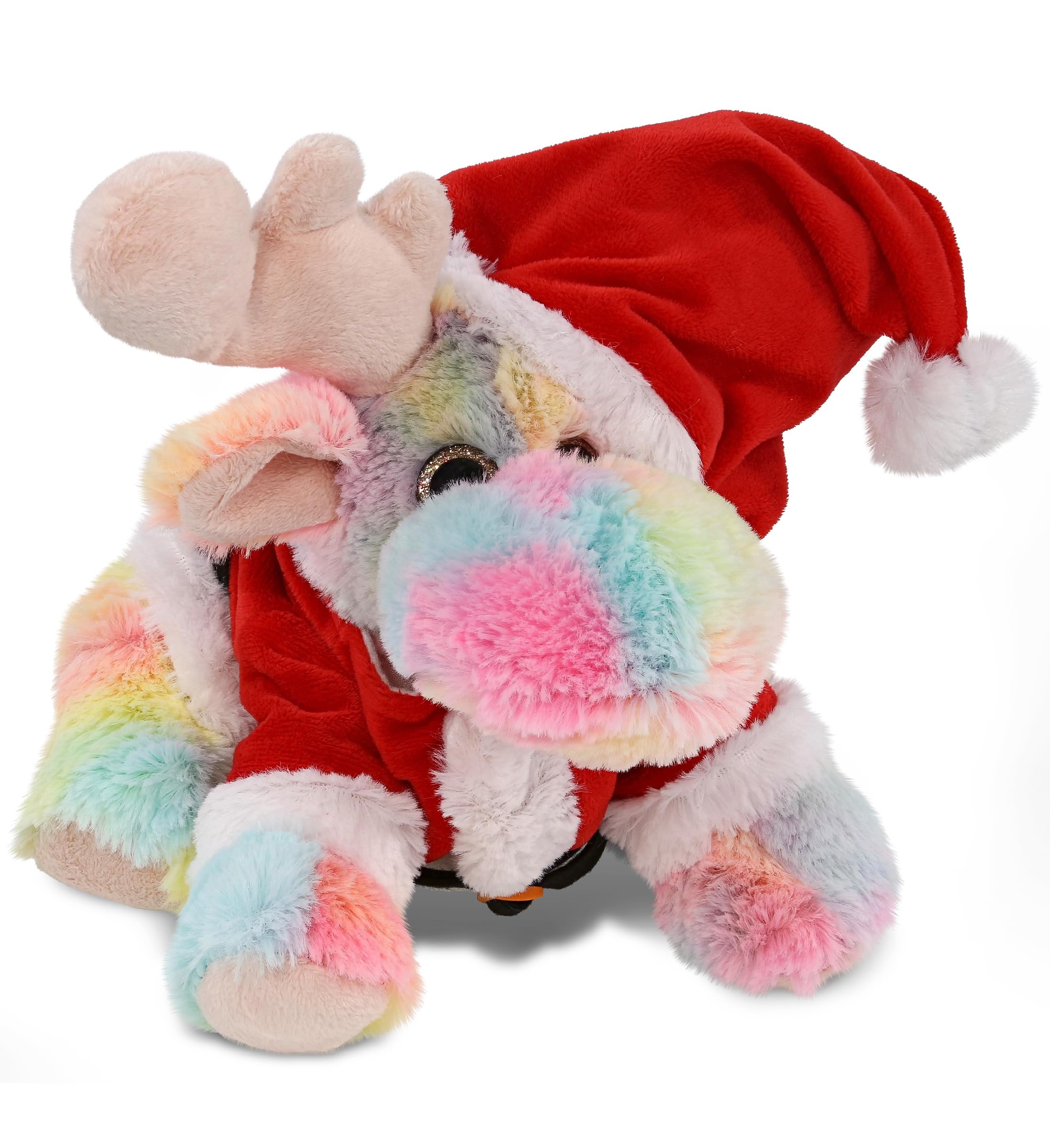 DolliBu Santa Rainbow Floppy Moose Stuffed Animal Plush Toy - Super Soft Dress Up with Red Santa Claus Outfit, Cute Moose Gift Perfect Holiday with Name Personalization - 9 Inches