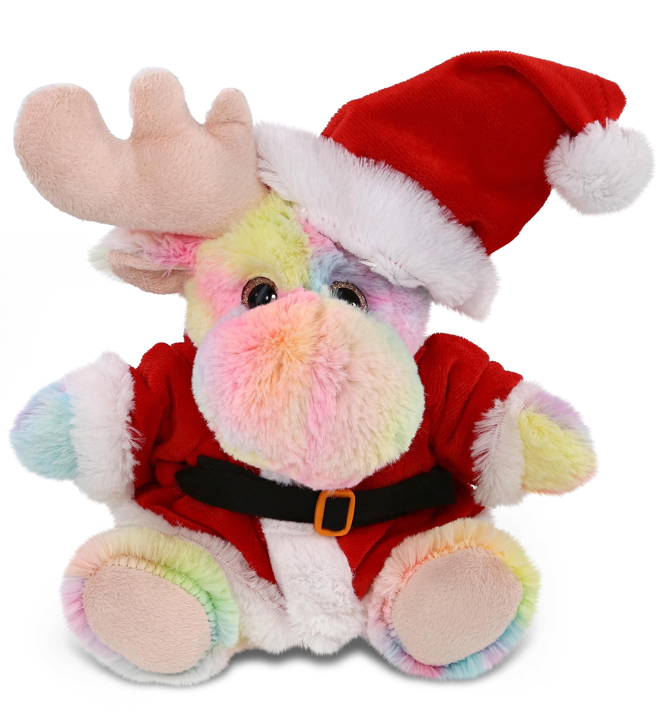 DolliBu Santa Rainbow Moose Stuffed Animal Plush Toy - Super Soft Dress Up with Red Santa Claus Outfit, Cute Moose Gift Perfect Holiday with Name Personalization - 9 Inches